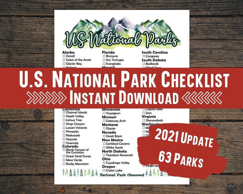 2021 US National Park Checklist Printable / 63 National Park Poster ...