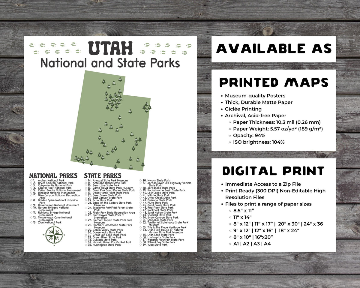 Utah State and National Park Map | Utah National Park Poster | Utah St ...