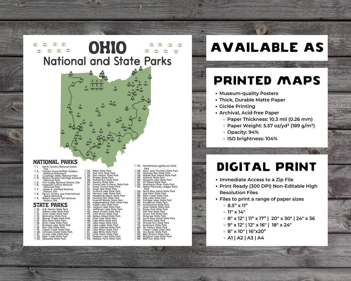 Ohio State and National Park Map | Ohio National Park Poster | Ohio St ...
