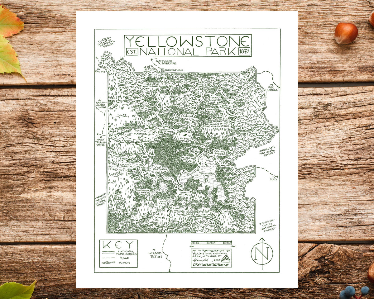 Yellowstone National Park Map Hand-Drawn Print – National Park Obsessed