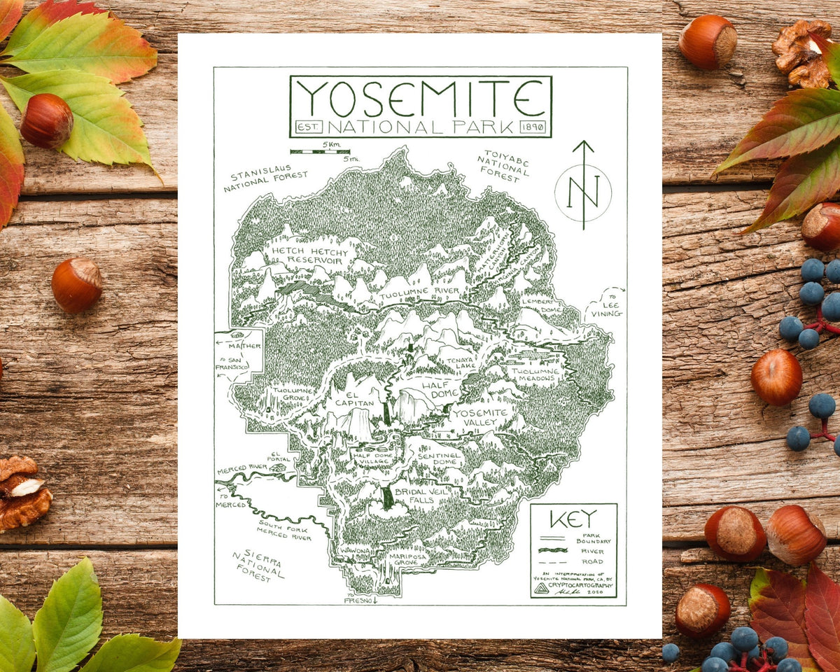 Yosemite National Park Map Hand-Drawn Print – National Park Obsessed